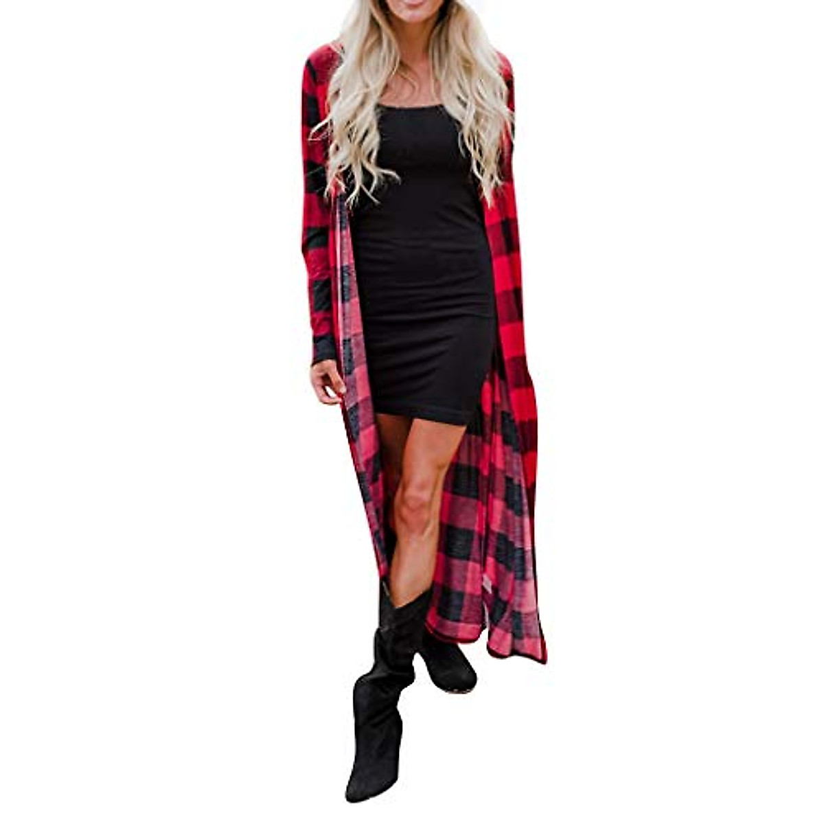 NEARTIME Women's Long Sleeve Waterfall Lightweight Plaid Cardigan Boho Kimono Cover Up Casual Outwear