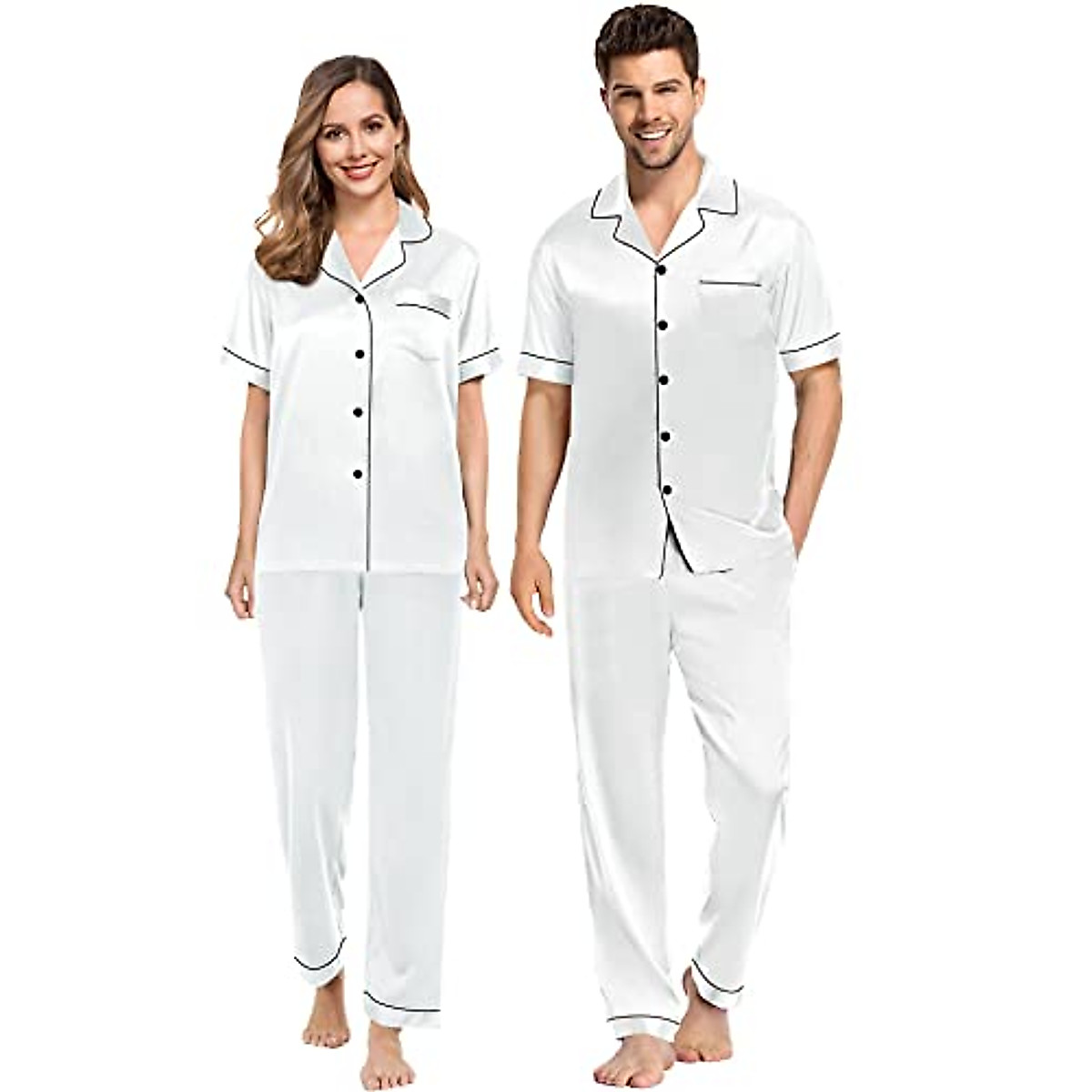 SWOMOG Women Satin Pjs Short Sleeve Silk Two-Piece- Sleepwear Classic Button-Down Casual Loose Pajama Set for Women White