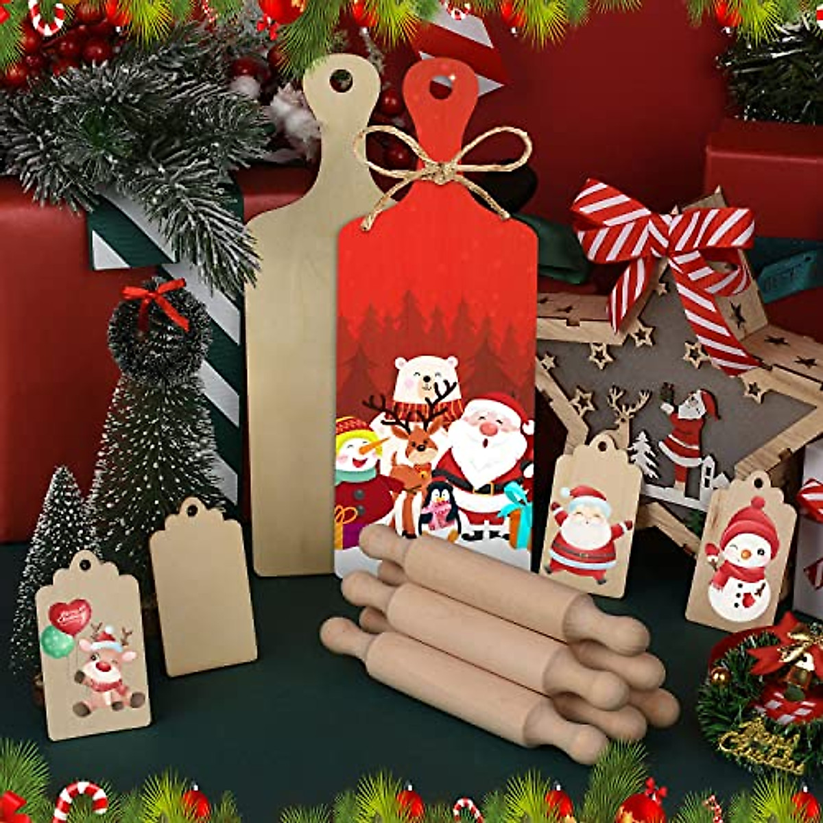 20Pcs Wooden Mini Rolling Pin for Crafts, Kids Small Dough Rolling Pin, Wood Cutting Board Chopping Board with Handle, Blank Wooden Labels with Rope for Halloween Christmas DIY Kitchen Home Decor