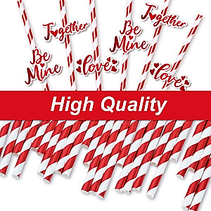 Whaline Valentine's Day Paper Straws 60Pcs Metallic Red Drinking Straws with 60Pcs Foil Red Letter Slices White Stripe Disposable Straws for Beverages Cocktail Wedding Birthday Party Supplies