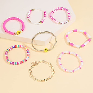 Women Girls Teens Preppy Bracelets Bohemian candy color Polymer Clay pearl Rice Bead bracelet Smile Smiley face star charm summer vacation bracelet