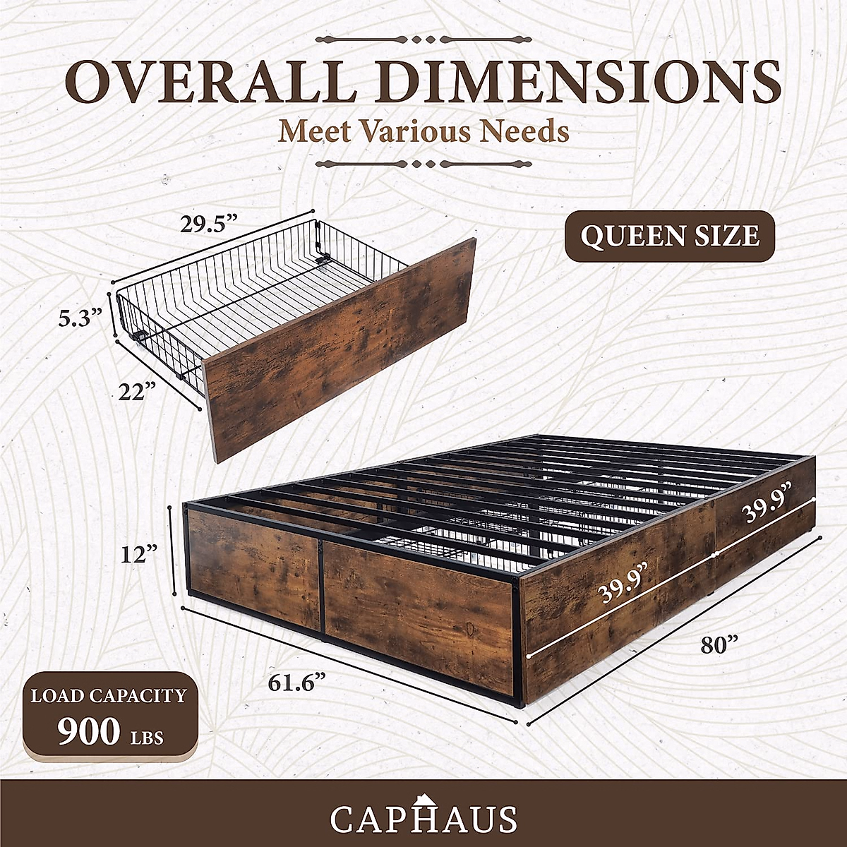CAPHAUS Industrial Metal Storage Bed Frame with 4 Drawers, Mattress Foundation with Metal Slat Support, Space Saving Platform Bed Frame, Noise-Free, No Box Spring Needed, Queen Size, Rustic Oak Board
