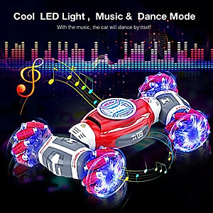 Powerextra 2023 New Remote Control Car, 1:12 Gesture Control Rc Stunt Car with Light & Music, 4WD Transform Off Road Double Side 360° Rotating Glove Racing Toy Car, 90+ Mins Play Car