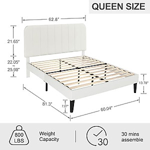 VECELO Queen Size Upholstered Bed Frame with Adjustable Headboard, Velvet Platform Bedframe Mattress Foundation, Strong Wood Slat Support, No Box Spring Needed, White