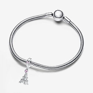 MZC Jewelry Eiffel Tower Love to Travel Charm for European Pandora Bracelets Pink Crystal Heart Dangle Bead for Women Mom Sister Family Holiday