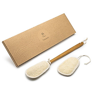 FAAY 17 Inch Natural Exfoliating Loofah Back Scrubber On a Stick with Luffa Sponge Pads Refills – Long Handle Loofa Body Bath & Shower Brush for Men & Women