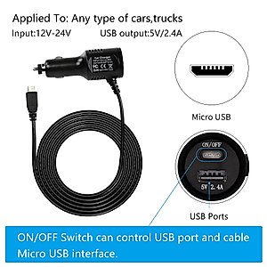 RIIEYOCA Dash Cam Micro USB Power Cable, with Switch USB 5V 2.4A Port, for Most Dash Camera and GPS Navigation, Compatible with USB Port Devices（Cable:11.48ft）
