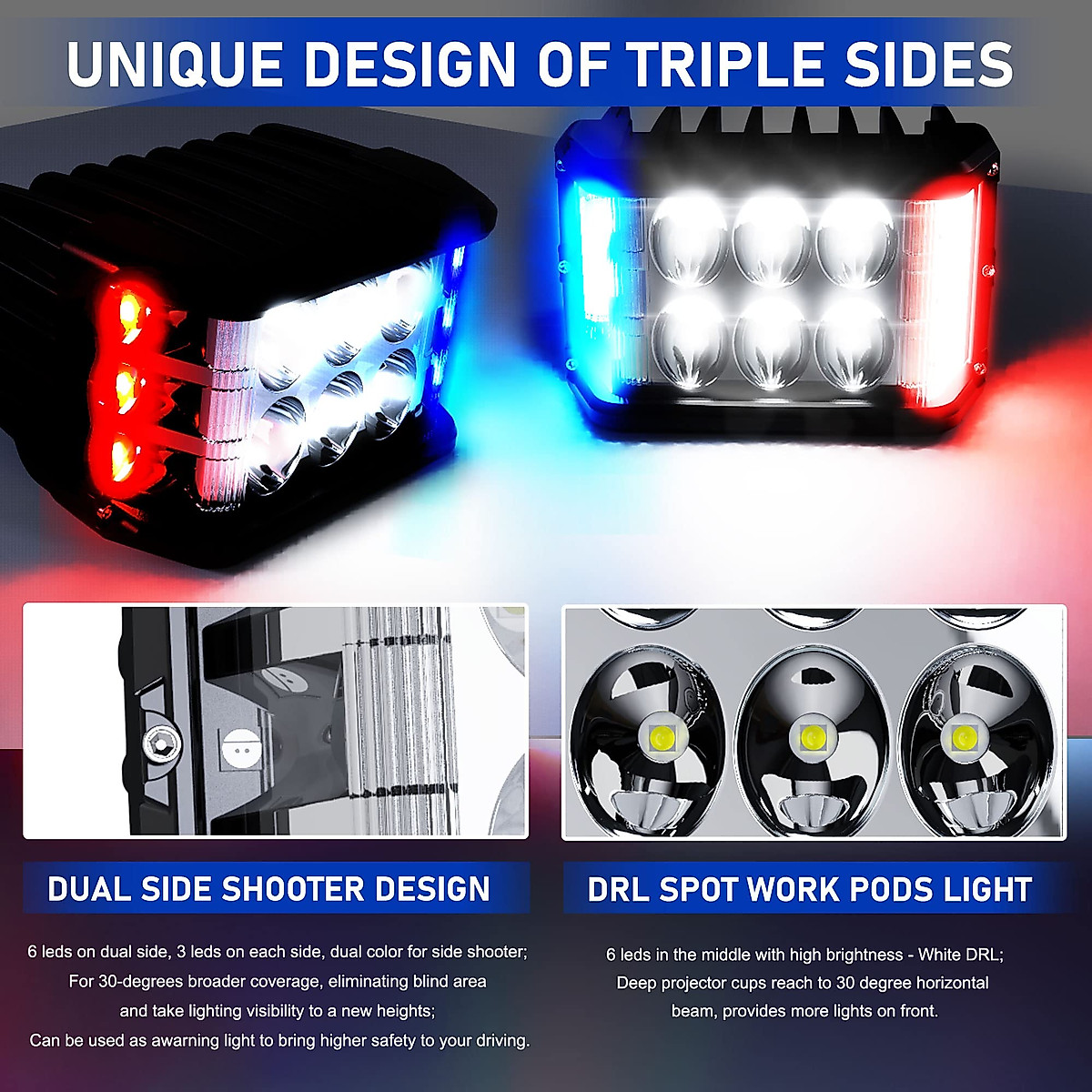 SLARY 2PCS 4 inch LED Pods White DRL Work Lights, Side Shooter with Red & Blue Dual Color Flasing Strobe LED Cubes Offroad Driving Light with Switch Wiring for Tractor Plow Truck ATV UTV 4x4