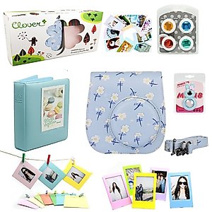 CLOVER 7 in 1 Accessory Bundles Set for Fujifilm Instax Mini 8 9 Instant Camera (Blue Flower Case Bag/Album/Colorful Filter/Close-Up Lens/Wall Hanging Frame/Photo Frame/Sticker Borders)