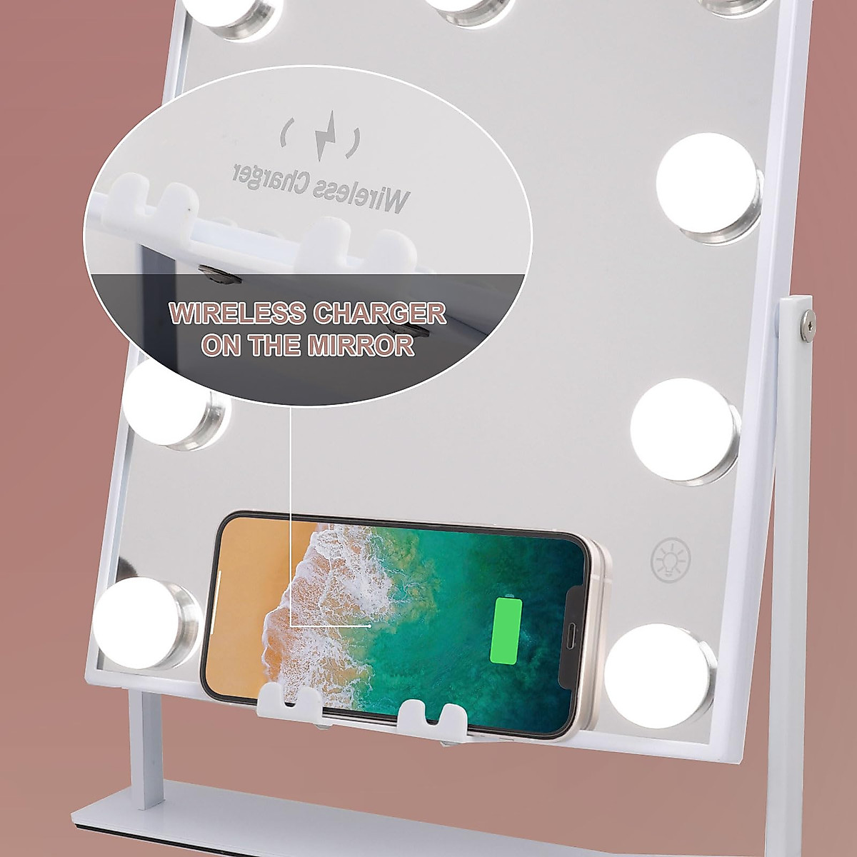 Fenair Lighted Vanity Mirror with Lights Speaker and Wireless Charging,Makeup Mirror with Lights and 10X Magnification Hollywood Mirror with 9 Dimmable LED Bulbs(White)