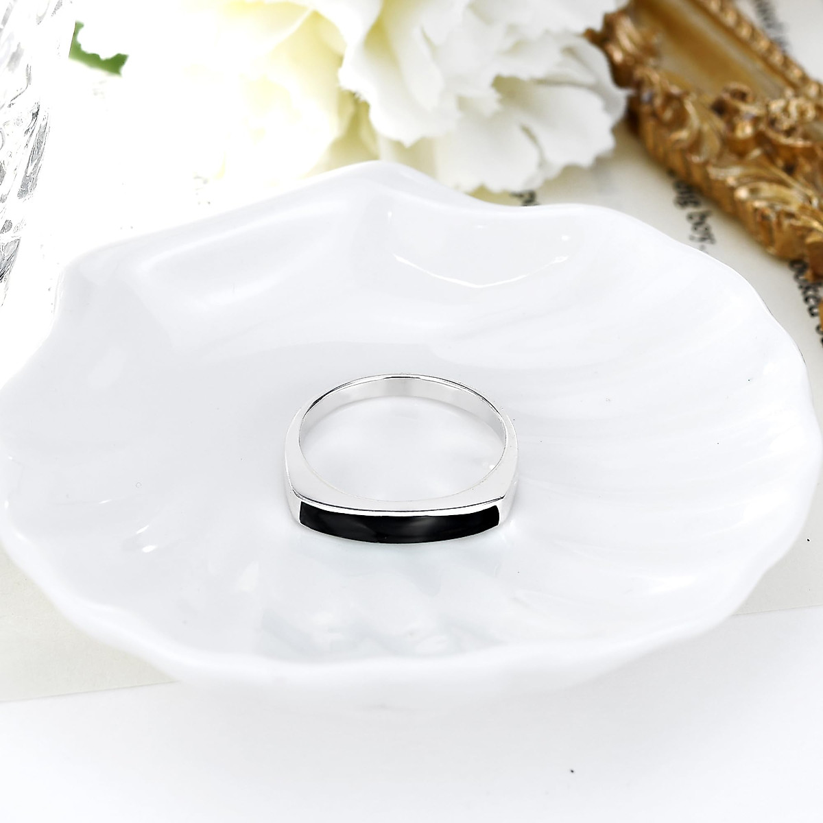 AeraVida Rectangular Bar Simulated Black Onyx Inlay .925 Sterling Silver Ring | Casual Comfort Fit Silver Rings for Women | Gift for Daughter, Women | Sterling Silver Rings Sizes (7)