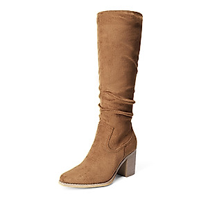 DREAM PAIRS Tall Boots For Women, Comfortable Chunky Block Heel Pointed Toe Pull On Side Zipper Suede Slouch Riding Boots, Camel, Size 7, Sdkb2308w