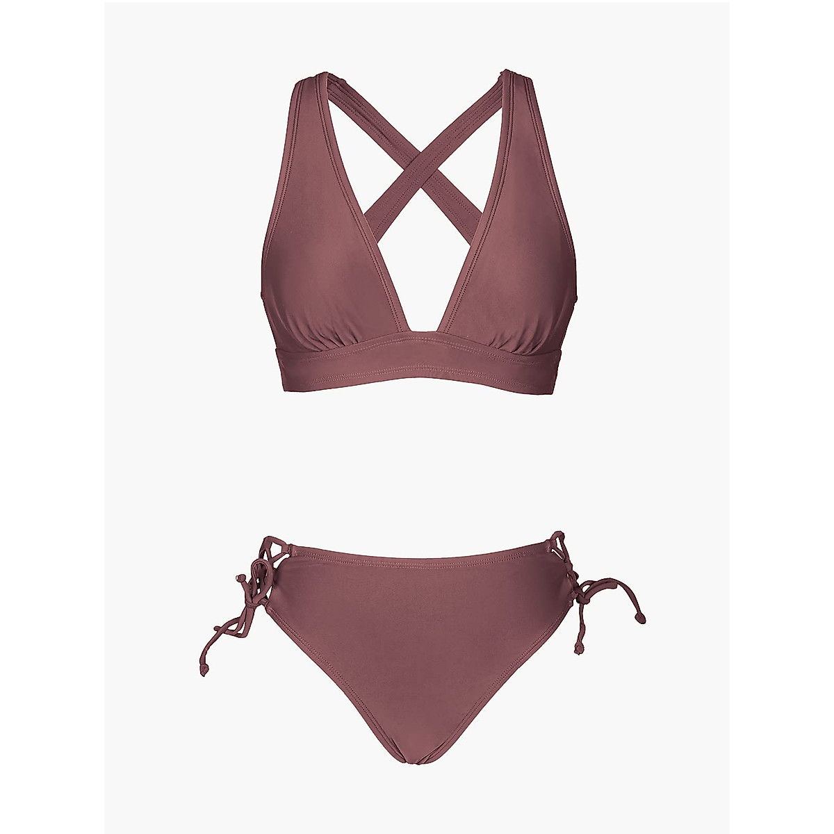 CUPSHE Bikini Set for Women Two Piece Swimsuit V Neck Triangle Top Wide Straps Cross Back Lace up Mid Rise S, Pale Mauve