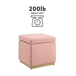 Linon Blush Sherpa Lexington Upholstered Square Storage Ottoman with Pine Wood Accent