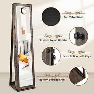 LOKO Lockable Jewelry Cabinet, Large Capacity Makeup Organizer with Full-Length Mirror, Built-in Makeup Mirror, 5 Storage Shelves, Floor Standing Jewelry Armoire for Living Room, Bedroom (Brown)