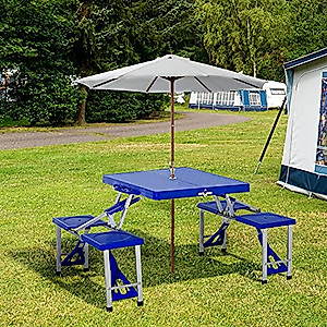 Outsunny Portable Foldable Camping Picnic Table Set with Four Chairs and Umbrella Hole, 4-Seats Aluminum Fold Up Travel Picnic Table, Blue