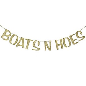 Boats N' Hoes Banner Sign Garland Gold Glitter for Bachelorette Nautical Theme Engagement Bridal Shower Birthday Decor Photo Booth Props