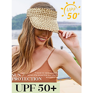 Straw Visors for Women, Visors for Women Wide Brim, Beach Hats for Women Foldable, Hand Woven Sun Hats for Women (Smoky)