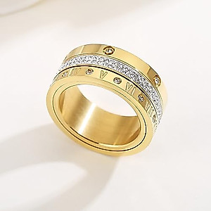 Anxiety Fidget Ring Love Friendship Gold Rings for Women 14K Gold Plated Titanium Steel Dainty Cubic Zirconia Rings Stacking Bands 3 In 1 Spinner Rings for Men Valentines Day Mother's Day Christmas Day Best Gifts (God, 7)