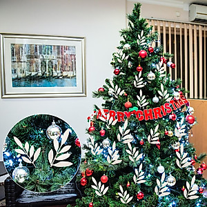 Sggvecsy 40 Pieces Artificial Glitter Leaf White Glittered Spray Picks 13’’ Fake Floral Leaf Branches Xmas Decoration for Christmas Tree DIY Wreath Crafts Gift Home Garden Decoration(White,40 Pieces)