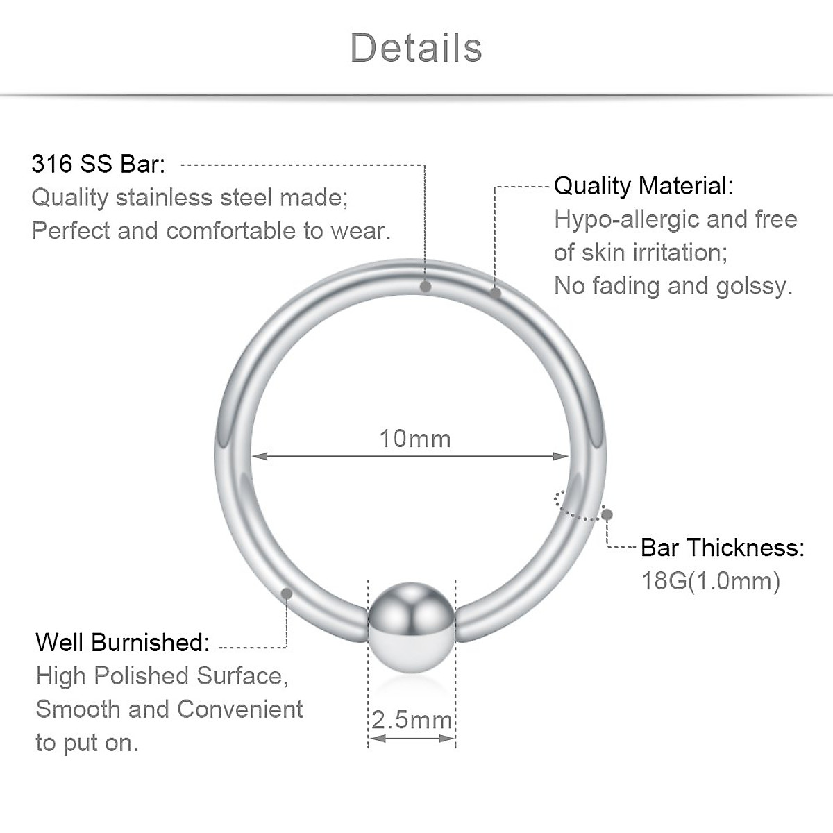 SCERRING 12PCS 18G 8mm Nose Hoop Lip Eyebrow Tongue Helix Tragus Cartilage Septum Piercing Ring - Mix Color