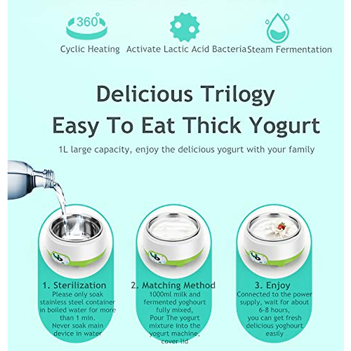 Yoghourt Machine, 1L Automatic Digital Yogurt Maker, Stainless Steel Liner Yogurt Maker Machine, Home DIY Yoghourt Container Yogurt Maker(Green)