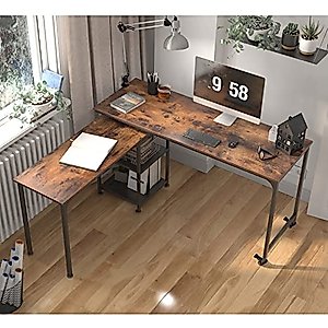 Need Mobile Computer Desk with Storage Shelves L-Shaped Rotating Corner Desk Home Office Desk Study Writing Desk with Wheels 55 Inches, Retro