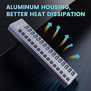 90W Powered USB Hub - ACASIS 16 Ports USB 3.0 Data Port, Aluminum Housing, Individual On/Off Switches, 12V/7.5A Power Adapter, USB Charging Hub/USB Splitter for Laptop, PC, Computer, Printer
