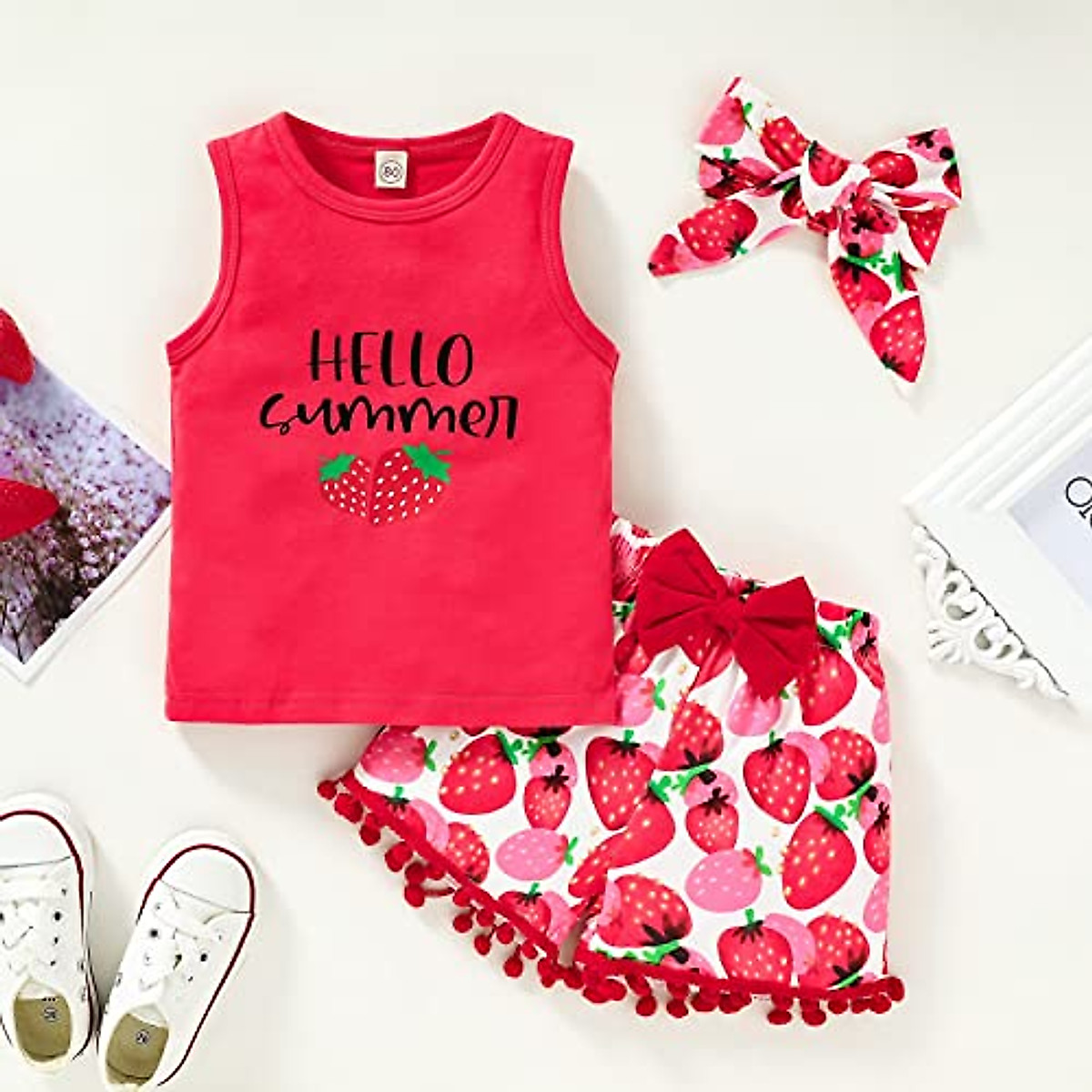 Toddler Baby Girl Summer Outfits Letter Print Sleeveless Tank Top+Tassel Shorts+Headband Clothes Set Strawberry (Red, 18-24 Months)