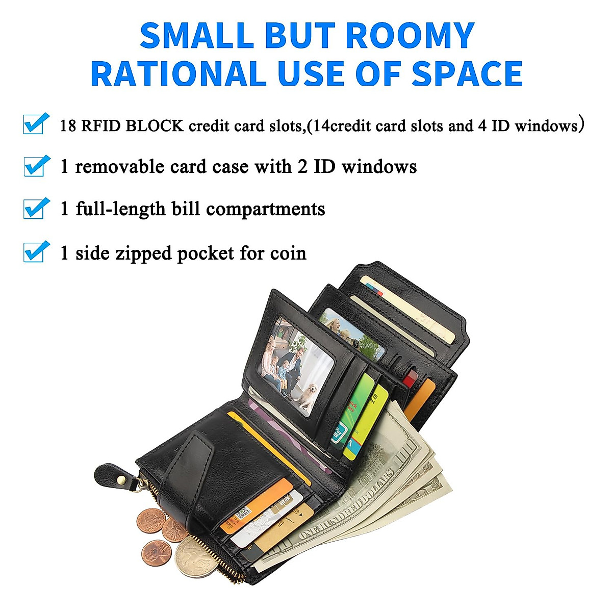 FT FUNTOR Small Wallet for Women Genuine Leather Bifold Compact RFID Blocking Small Womens Wallet with ID Window