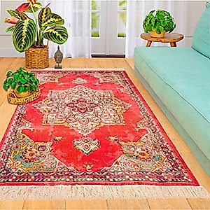Mandala Life ART - 3' x 5' Moroccan Vintage Red Pink Vintage Rug with Fringes - Digital Print Cotton Tapestry - Bohemian Carpet - Decorative Accent Piece for You Living Room, Bedroom