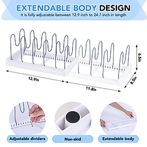 LALOBLUE Expandable Pot and Pan Organizer Rack for Cabinet, Pan and Pot Lid Holders with 10 Adjustable Dividers for Kitchen Cabinet Organization and Storage, Cookware Organizer, 12.9"-24.7", White