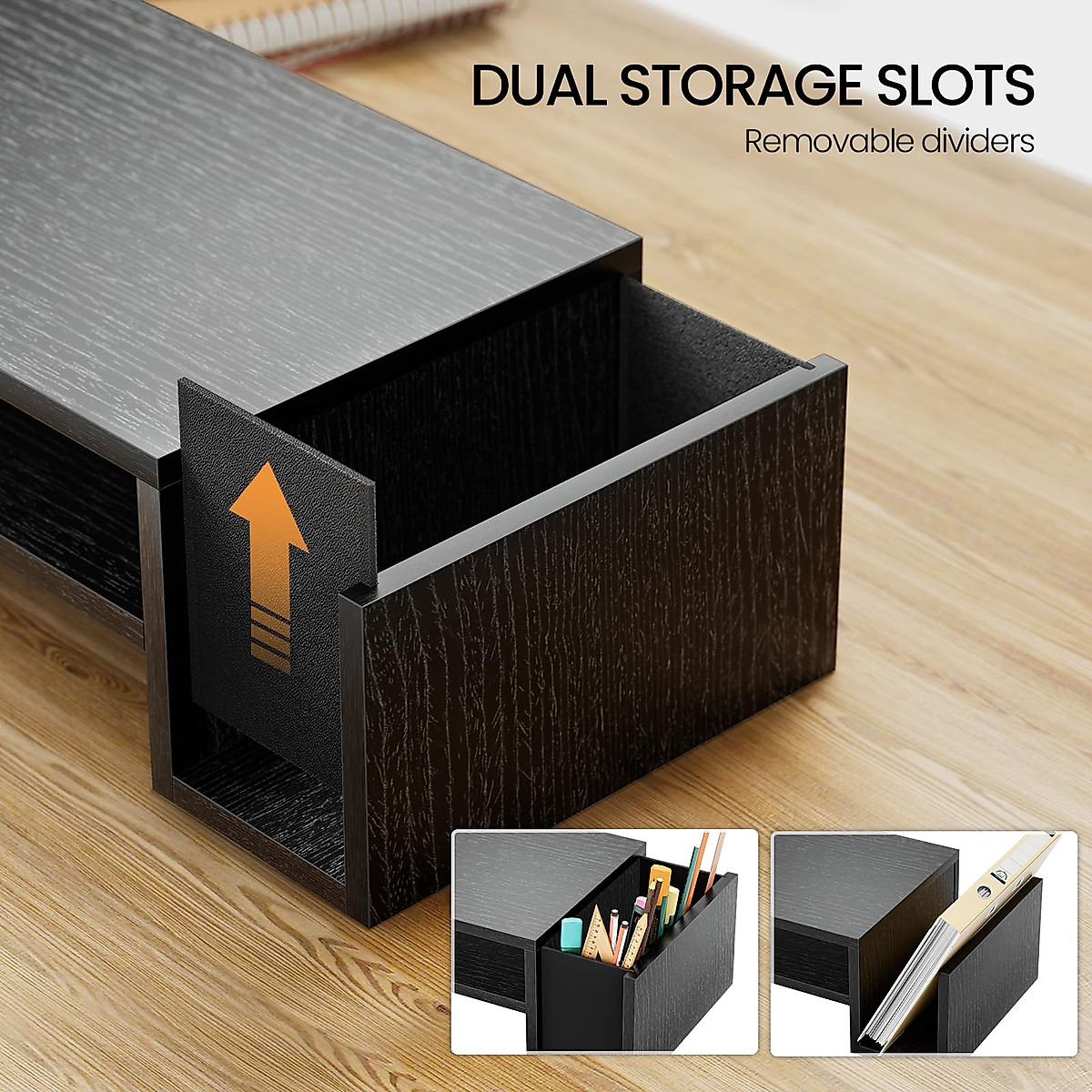 AMERIERGO Monitor Stand Desk Organization with DIY Storage Space, Monitor Riser Stand with Storage with 2 Slots & Phone Holder, Computer Stand 2 Tier for Home Office Use