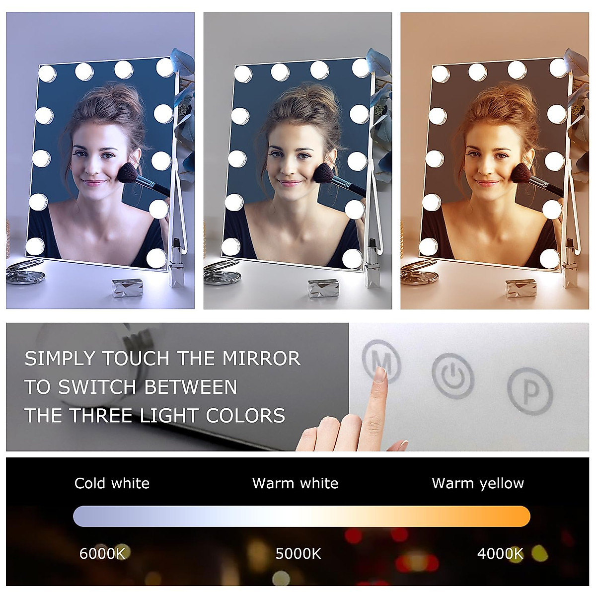 Despful 10"x 12" Vanity Mirror with Lights, Hollywood Lighted Makeup Mirror with 3 Color Modes and 12 Dimmable Diamond LED Light Bulbs, Touch Control for Bedroom, White