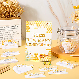 Glenmal 114 Pcs Bee Baby Shower Games Guess How Many Honeycombs Wooden Guessing Game Sign 100 Guessing Cards 10 Pencils 2 Stickers 1 Bottle for Guests Baby Shower Gender Reveal Party, No Honeycombs