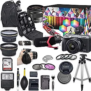 Canon EOS M6 Mark II Mirrorless Digital Camera Silver with 15-45mm Lens, EVF-DC2 Viewfinder Kit + Wide Angle Lens + 2X Telephoto Lens + Flash + SanDisk 32GB SD Memory Card + Accessory Bundle (Renewed)