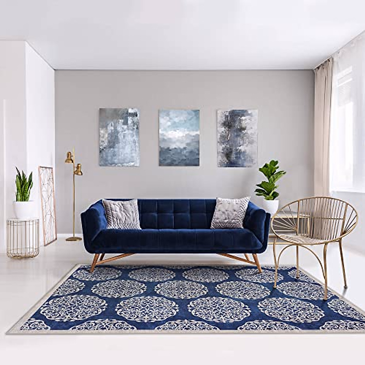 Vernal Machine Washable Area Rug Non Slip Back for Living Room, Bedroom, Dining Room Pet Friendly High Traffic Non-Shedding Rugs Jurupa Collection Carpets 4 X 6 Feet Blue/Cream