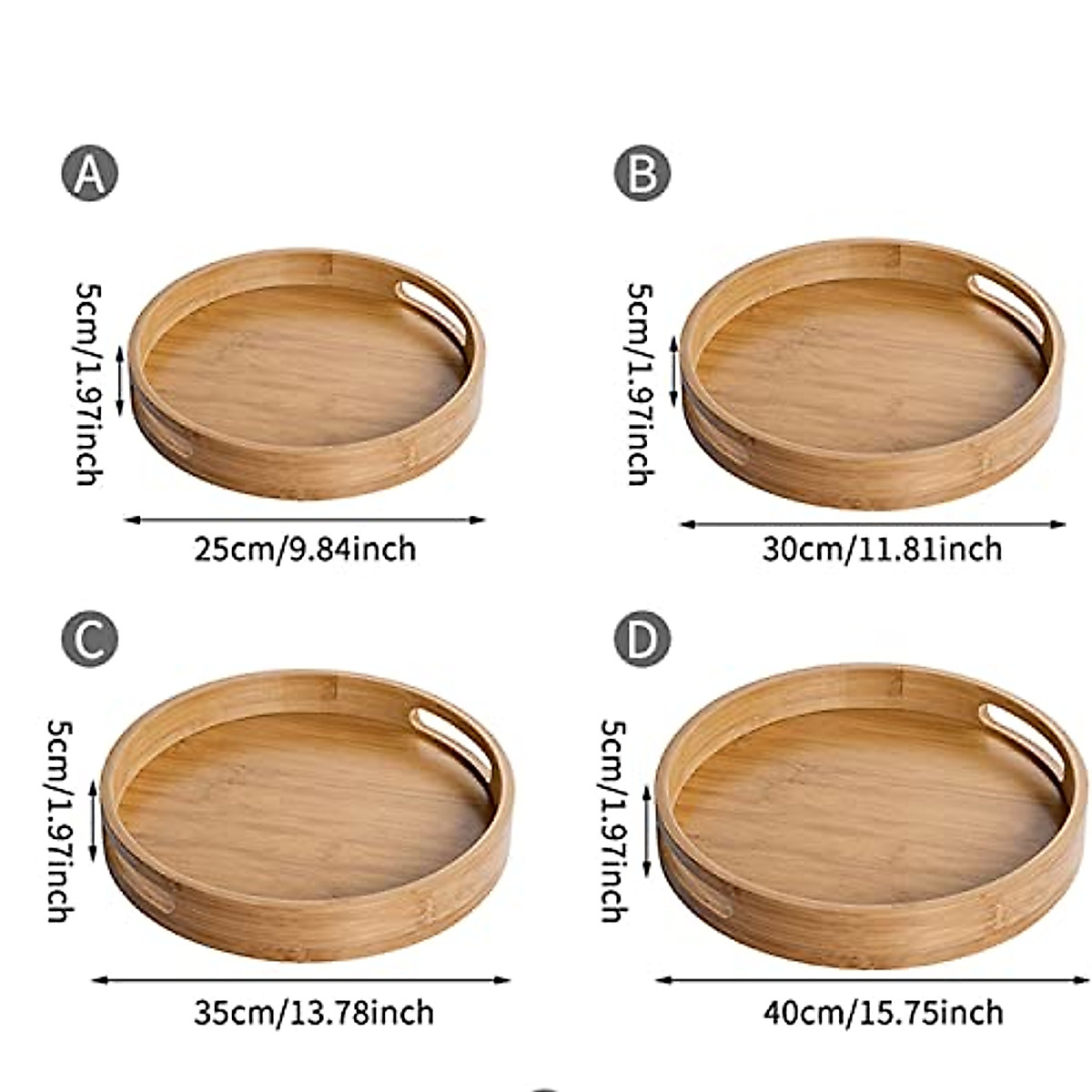 Bamboo Wood Round Tray w/Handles, Tea & Coffee Table Decorative Serving Tray Food Storage Platters for Serving Beverages & Food on Bar Living Room Home Dining Table (C - 35 cm/ 13.78 inch)