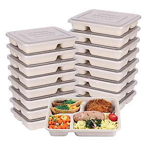 JAYEEY 23 OZ 4 Compartments disposable plates with Lids food container sets kids lunch box bento box Eco-friendly Plant Fibers Microwave & Freezer Safe 50 PACK