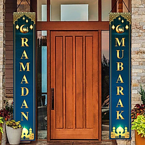 Ramadan Mubarak Hanging Banner Porch Sign Decoration - Happy Eid Mubarak Banner Hanging Sign for Indoor/Outdoor Front Door Eid Mubarak Ramadan Kareem Party Decor