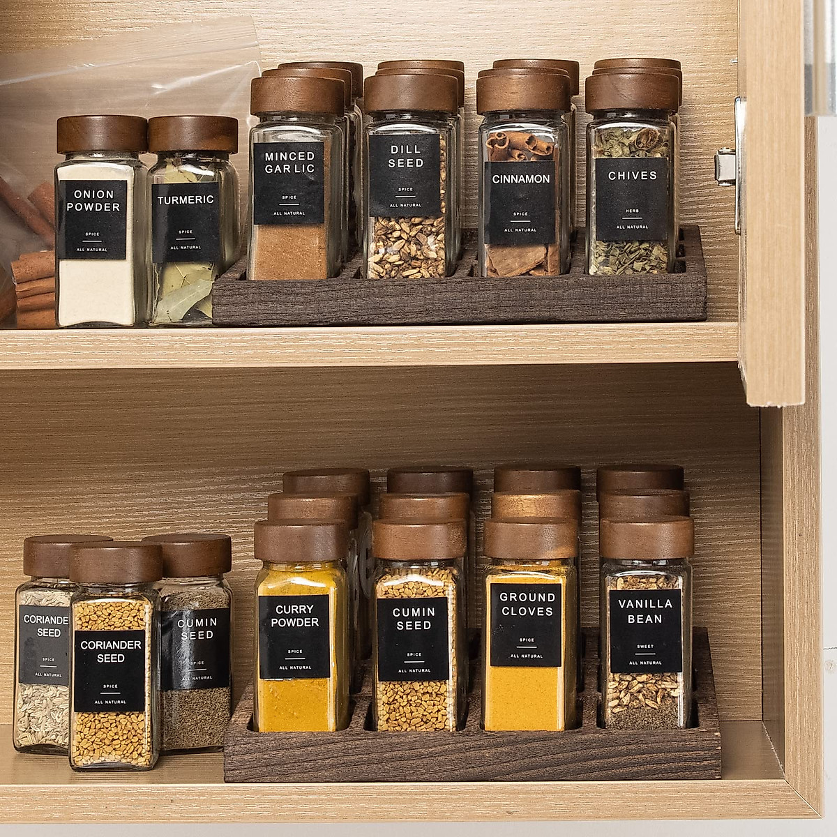 Yangbaga 35Pcs Glass Spice Jars with Labels，4oz Empty Square Spice Bottles with acacia wood lid & Shaker Lids and Silicone Collapsible Funnel Included