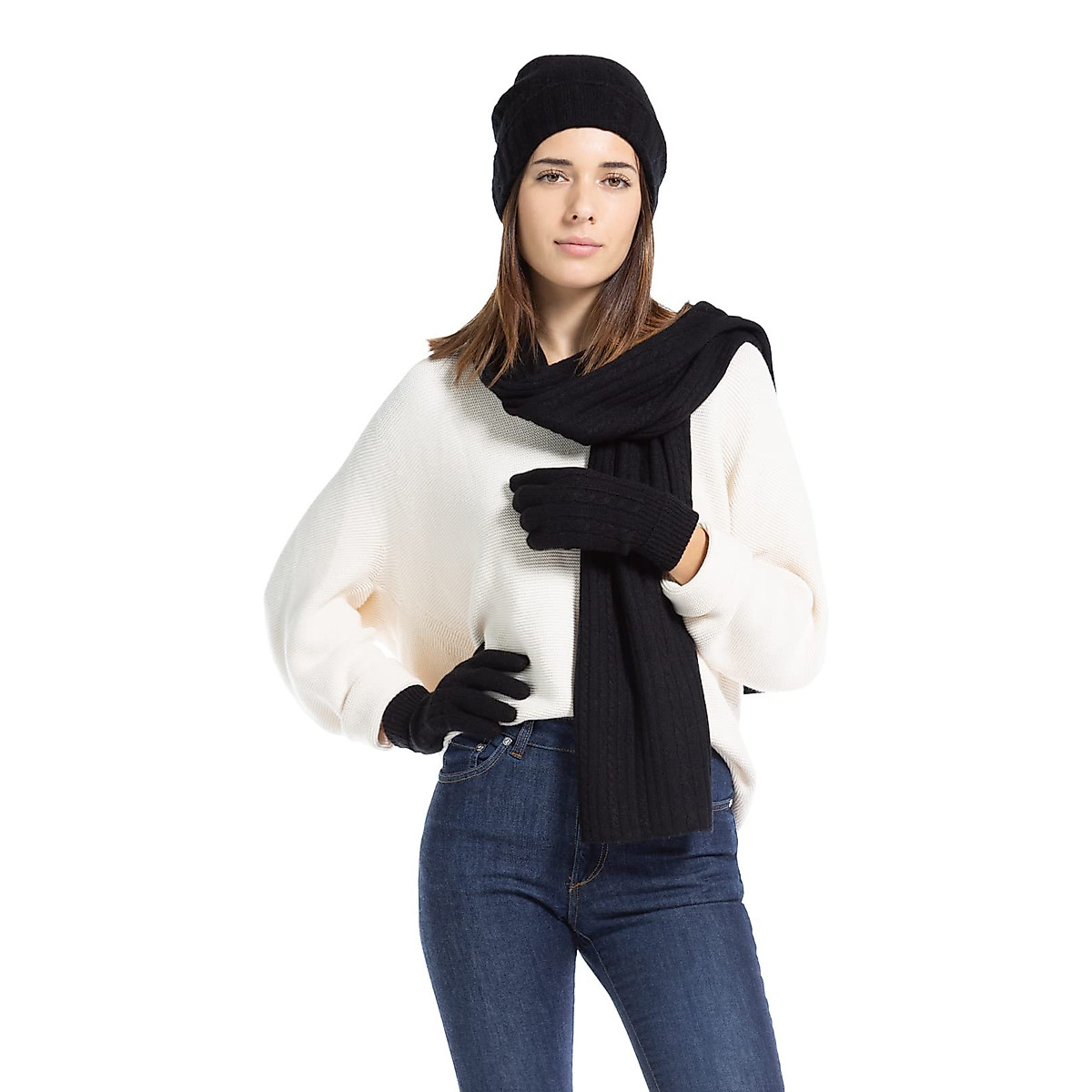 Fishers Finery Women's 100% Cashmere 3pc Cable Knit Set; Black Label Box (Black)