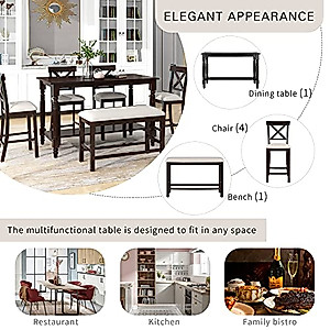 Merax 6-Piece Wooden Counter Height Rectangular Table Set with Bottom Shelf, 4 Chairs, and Padded Bench, Espresso_Fabric Cushion