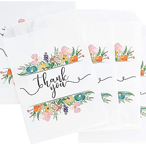 100 Pack Paper Cookie Bags, 5 x 7 Inch for Party Favors, Treats, Candy, Wedding, Individual Bag with Floral Thank You Design, Mini Gift Bags for Snacks, Goodies