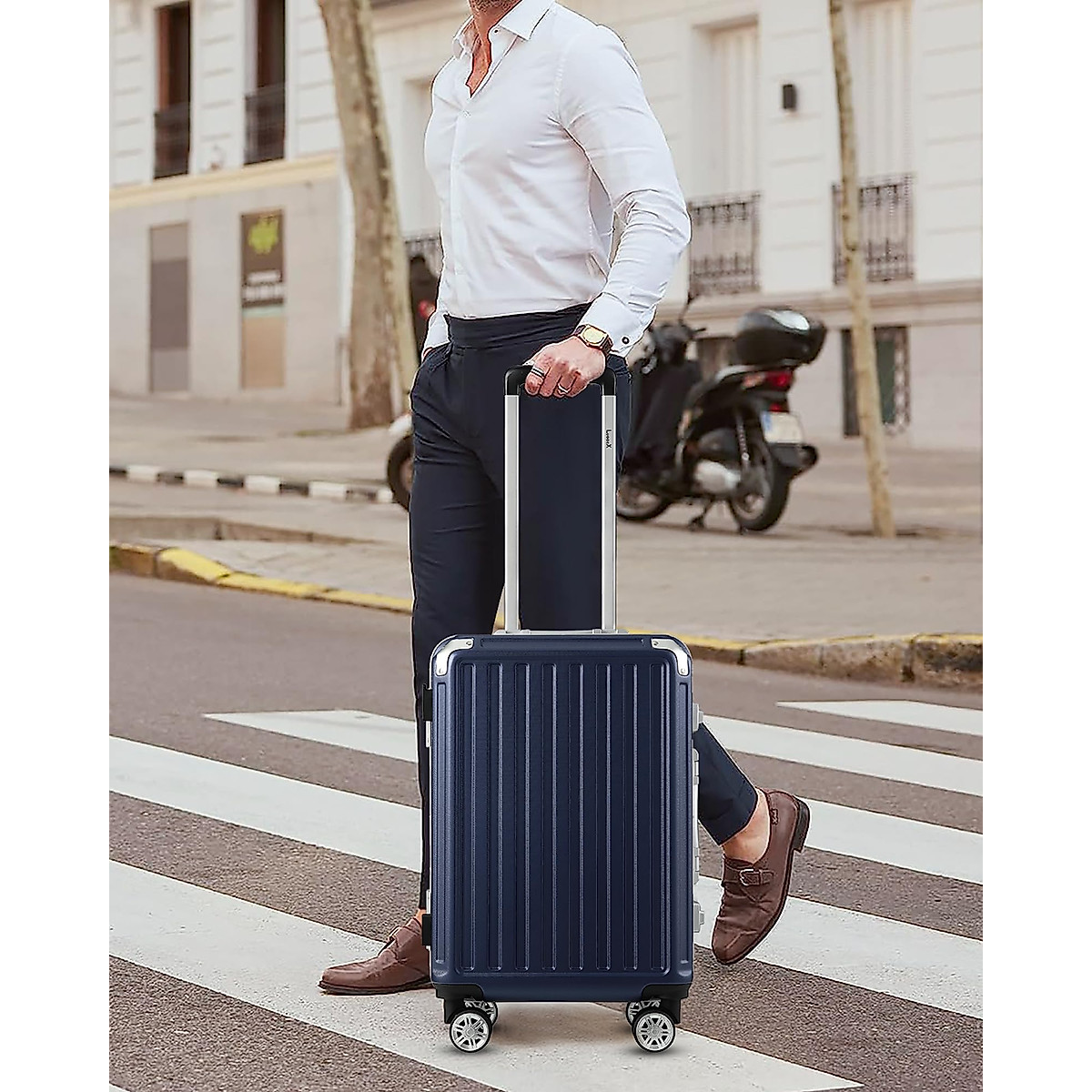 LUGGEX Carry On Luggage with Aluminum Frame, 36L Polycarbonate Zipperless Luggage with Wheels, Hard Shell Suitcase 4 Metal Corner (Navy)