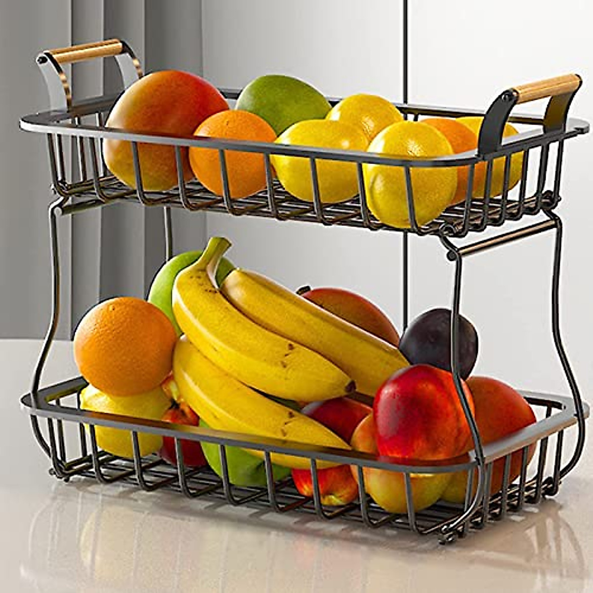 2 Tier Fruit Storage Basket Countertop for Kitchen, Bread Vegetable Farmhouse Fruit Basket Bowl Stand Detachable Metal Wire Basket with Wooden Handle for Kitchen, Reception, Dining Table（Black）