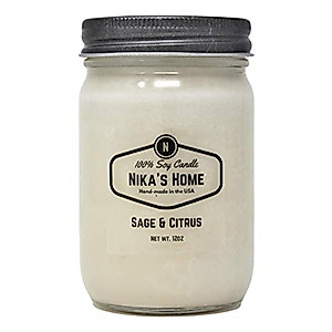 Nika's Home Sage & Citrus Soy Candle 12oz Mason Jar Non-Toxic White Hand Poured Candle- Handmade, Long Clean Burning 50-60 Hours Highly Scented All Natural, Candle Gift Décor