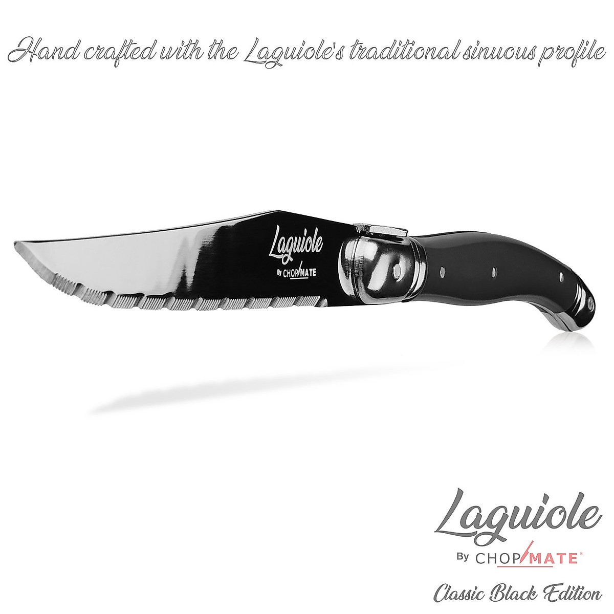 Chopmate Laguiole Premium Steak Knife Set - 4.5 inch - Classic Black Edition - Razor Sharp Kitchen Knives - Forged Stainless Steel - Full Tang Handle - 6 Piece Set + Wood Storage Display Block