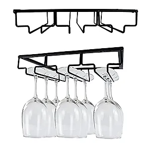 AMUFYSHH 3 Rows Wine Glass Rack for Under Cabinet, 2 Packs Stemware Racks, Hanging Wine Glasses Metal Rack, Storage Hanger Organizer for Kitchen Cabinet Bar (DOUBLE)