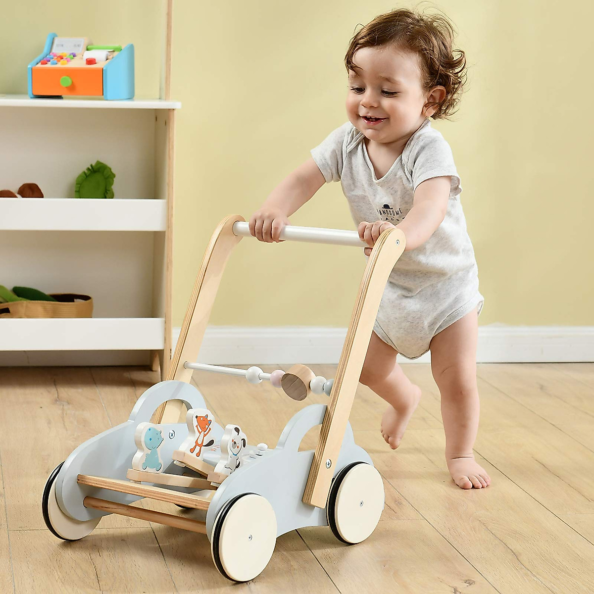 labebe Push Walker Stroller Toys,Pull Wagon for Kid,Gray Animal-Push Toy for Toddler, sit to Stand Learning Walker, 2-in-1 Activity Push Walker for Infant/Child, Wooden Play Wagon 4 Wheel Push Walker